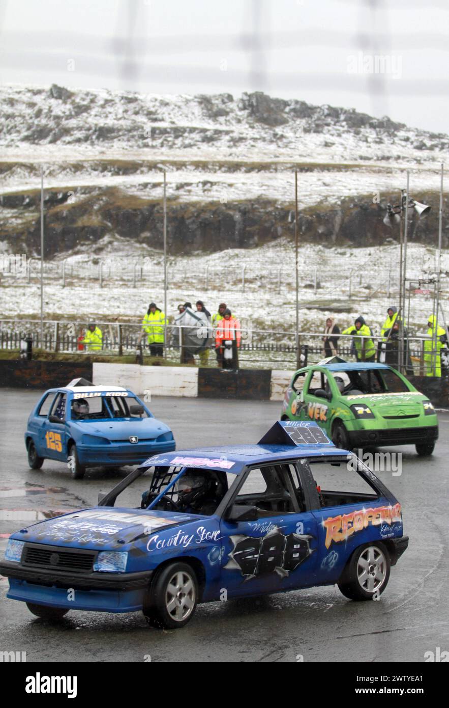 04/03/2012..Banger racers struggle to get round an icy track as hardy ...