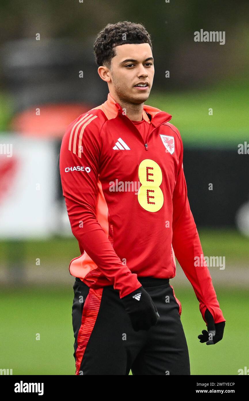 Brennan Johnson of Wales during warms up ahead of the Wales open ...