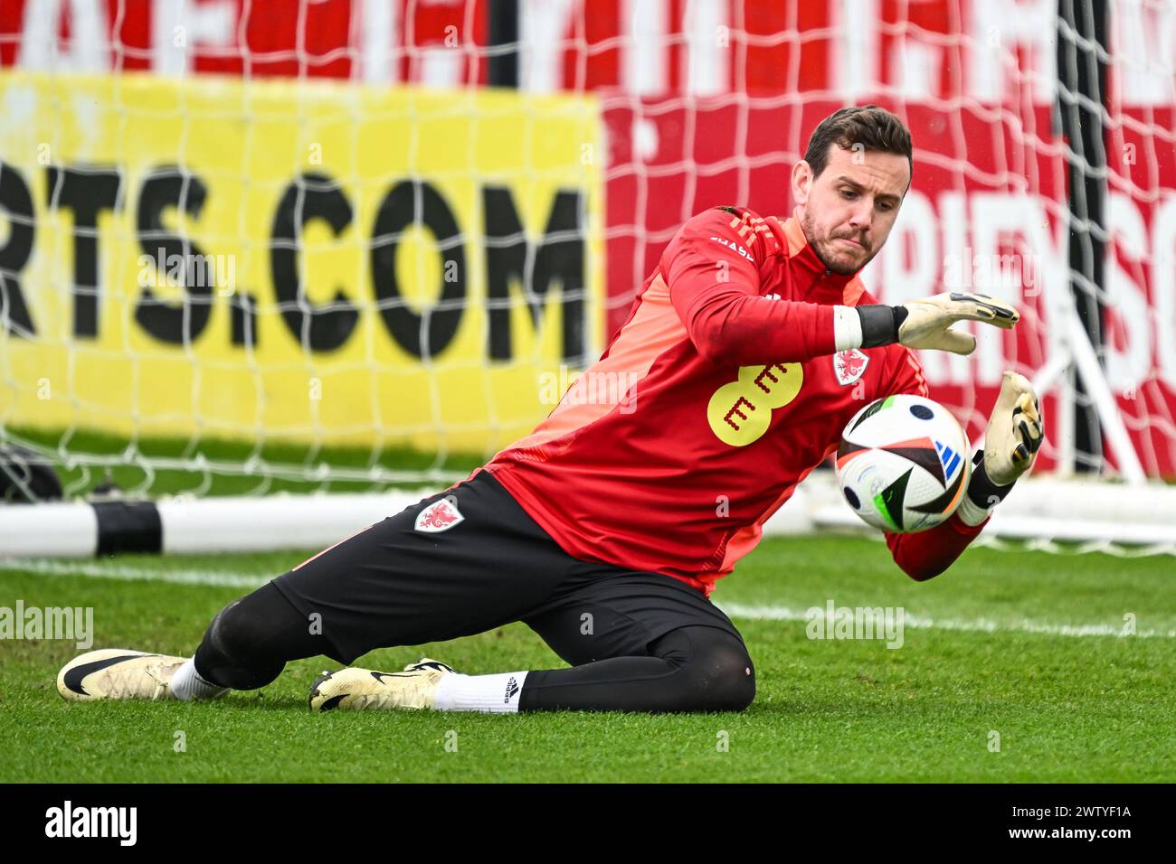 Danny Ward of Wales during warms up ahead of the Wales open training ...