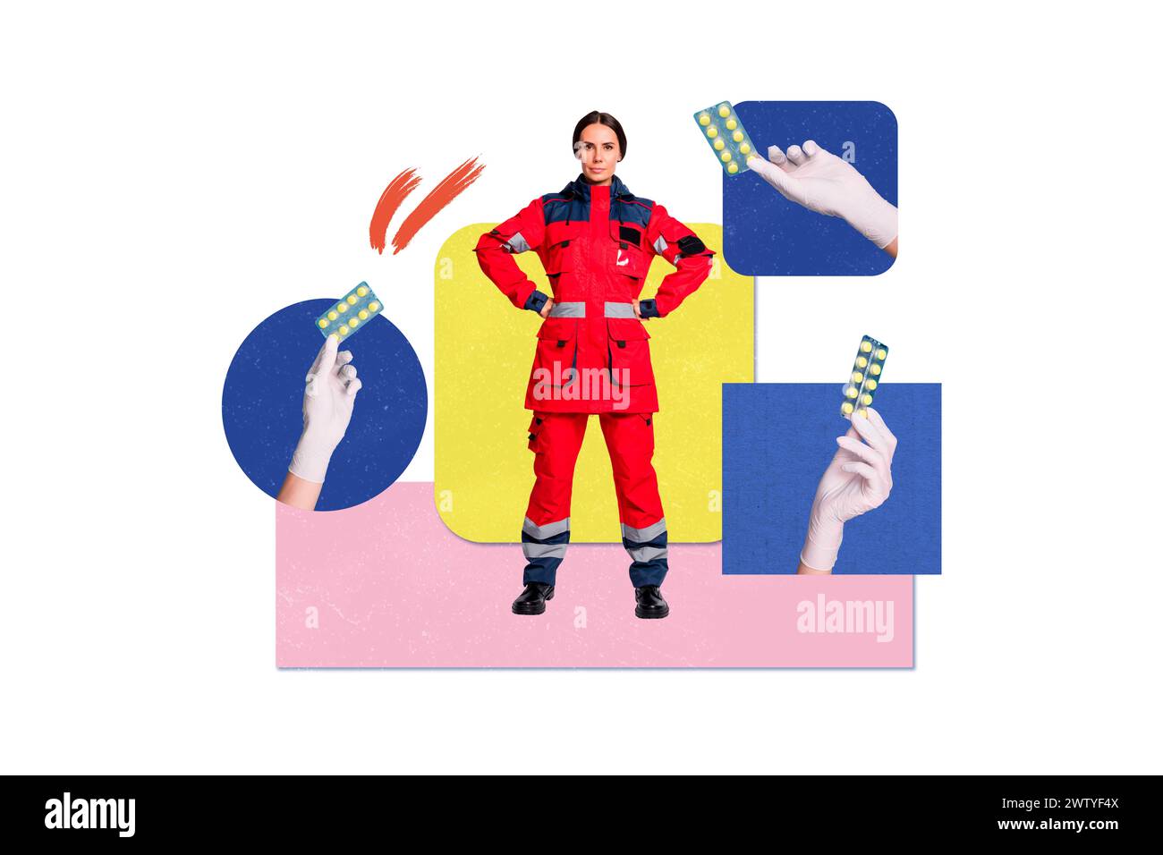 Creative picture collage young brave standing woman paramedic pills ...