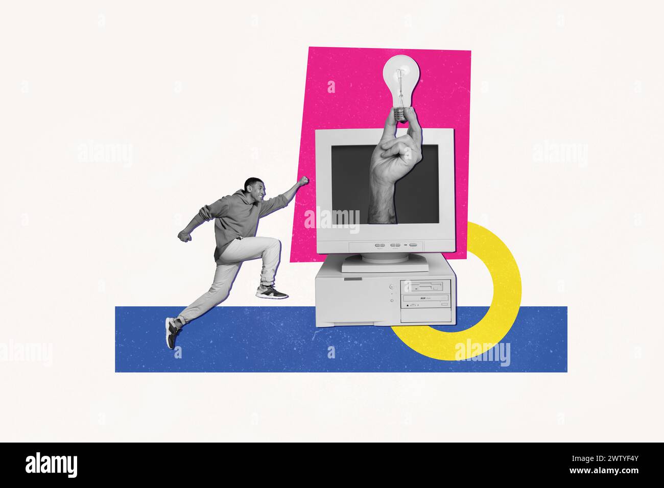 Collage image picture of funky cheerful man running hurrying complete ...