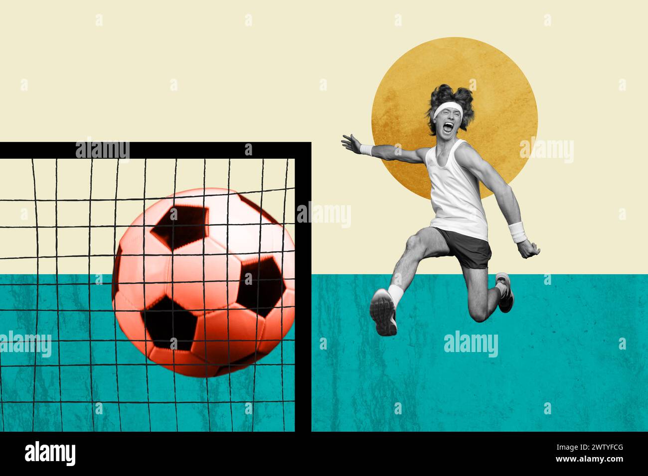 Composite collage picture image of funny male play football goal have ...