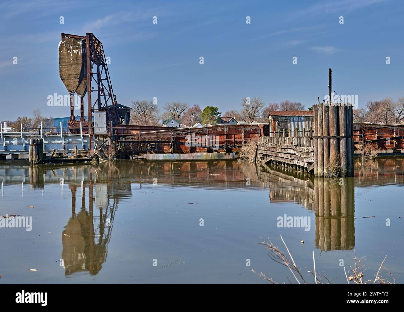 An old bascule railroad bridge,also known as a drawbridge. Over ...