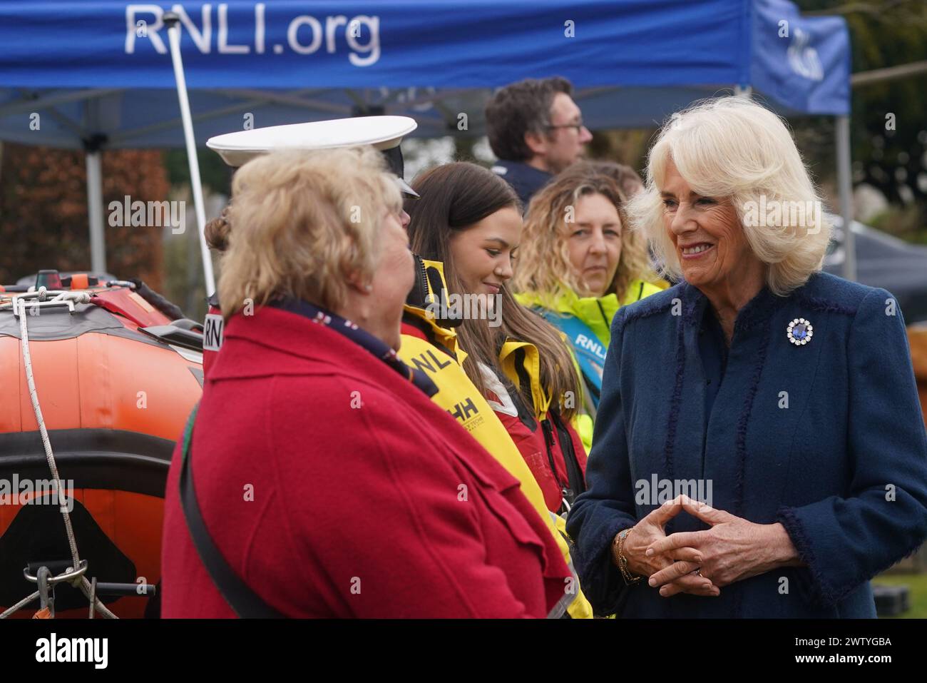 Queen Camilla (right) meets representatives from the RNLI during a ...