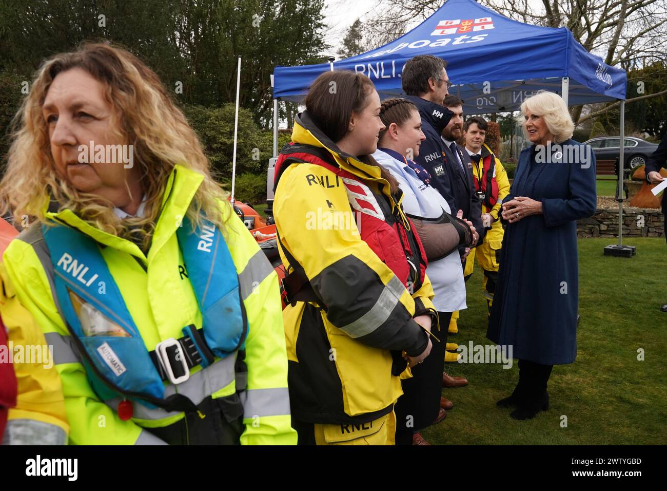 Queen Camilla (right) meets representatives from the RNLI during a ...