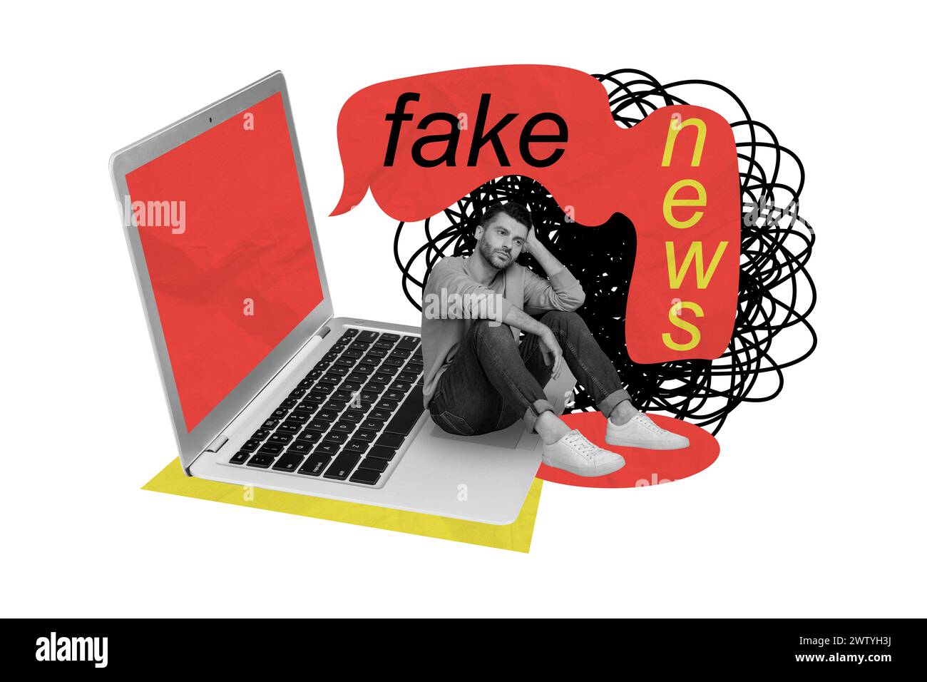 Creative collage picture sitting young man laptop computer fake news ...