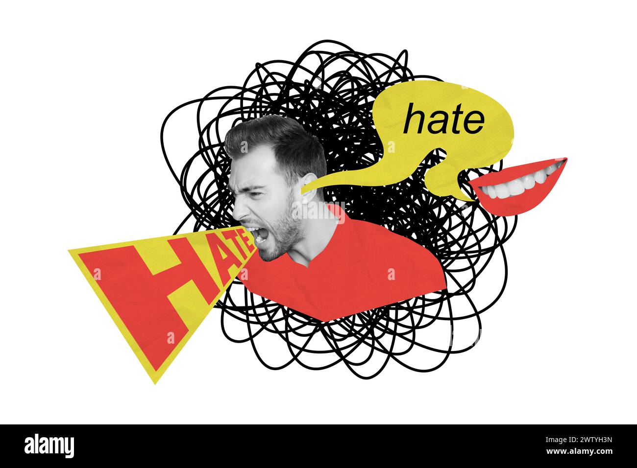 Creative collage picture young angry aggressive man bully screaming ...