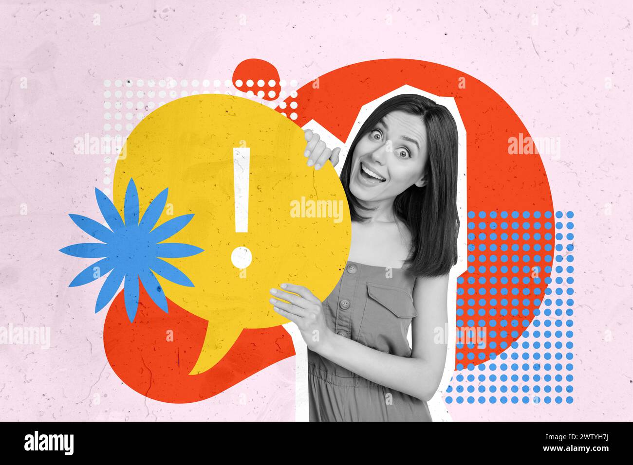 Creative collage image young cheerful amazed impressed girl hold ...