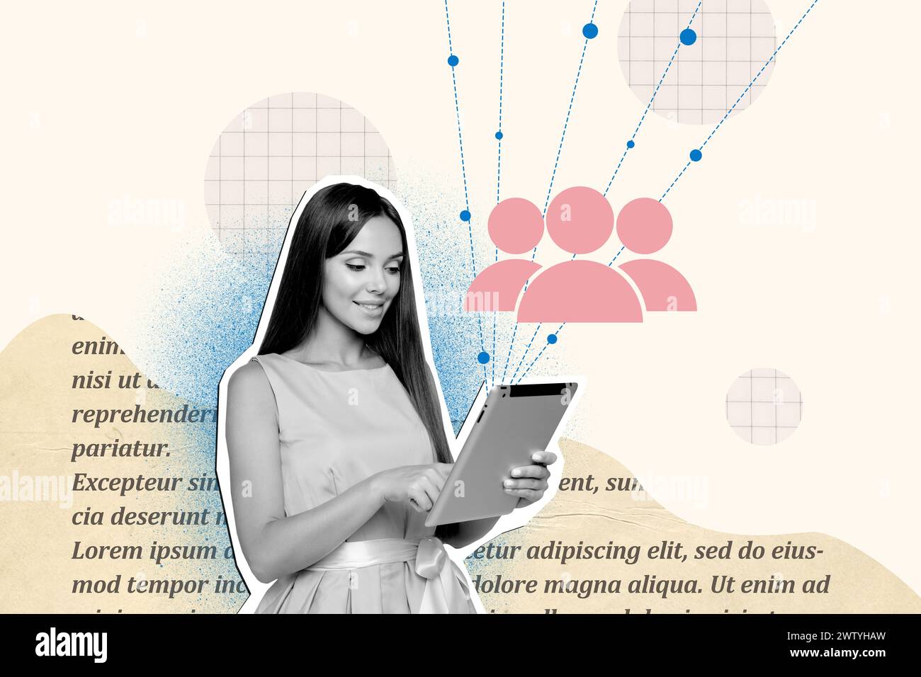 Creative collage photo young smiling girl browse tablet device social ...