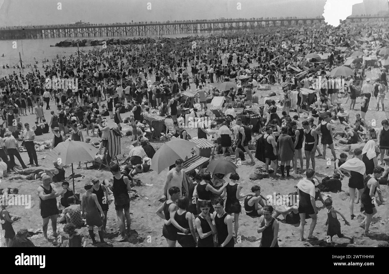 Overview of a crowded Coney Island beach upwards of 650,000 people ...