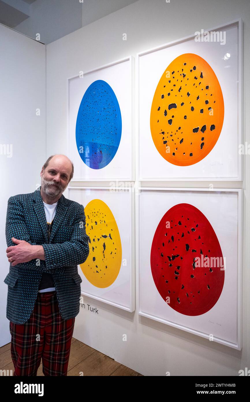 London, UK. 20 March 2024. Artist Gavin Turk with his egg series on the ...