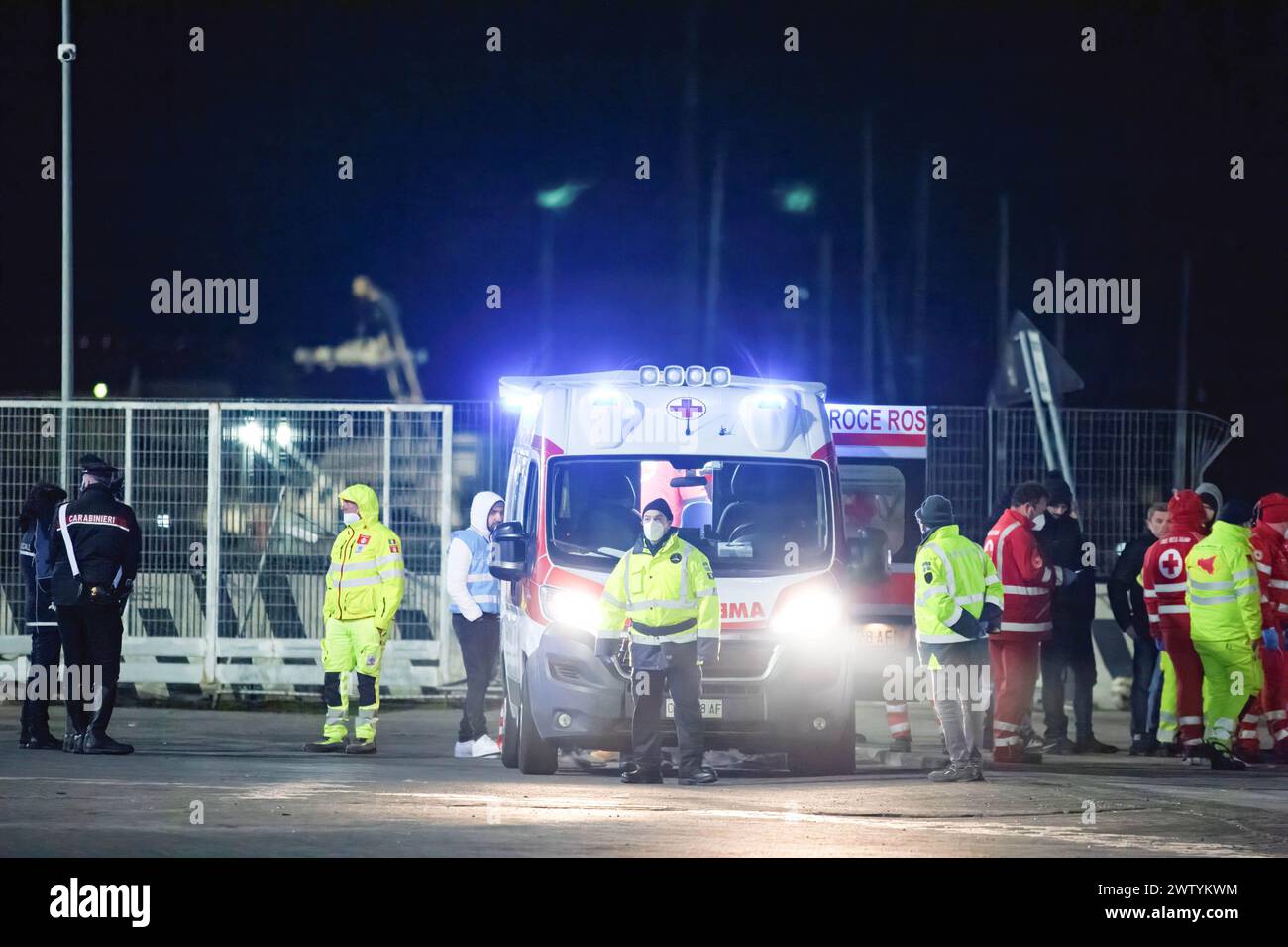An ambulance with rescuers welcome the shipwrecked people MEDEVAC ...