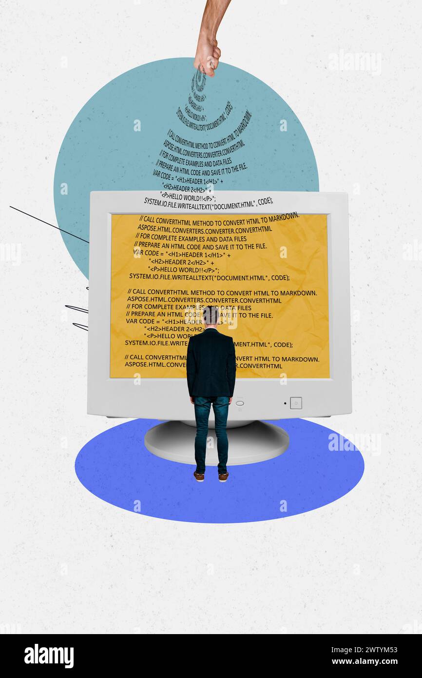 Vertical photo collage of male worker back monitor screen hand steal ...