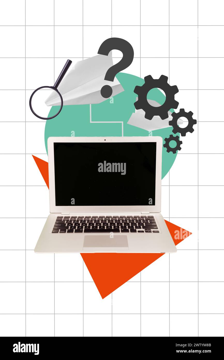 Vertical photo collage of modern macbook laptop computer paper plane ...