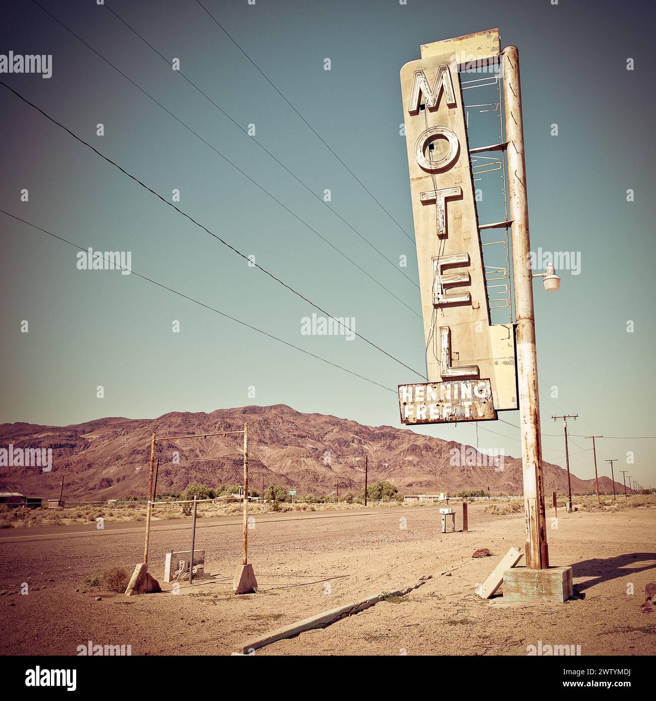 Old road sign for an abandoned hotel in the Mojave Desert on Route 66 ...