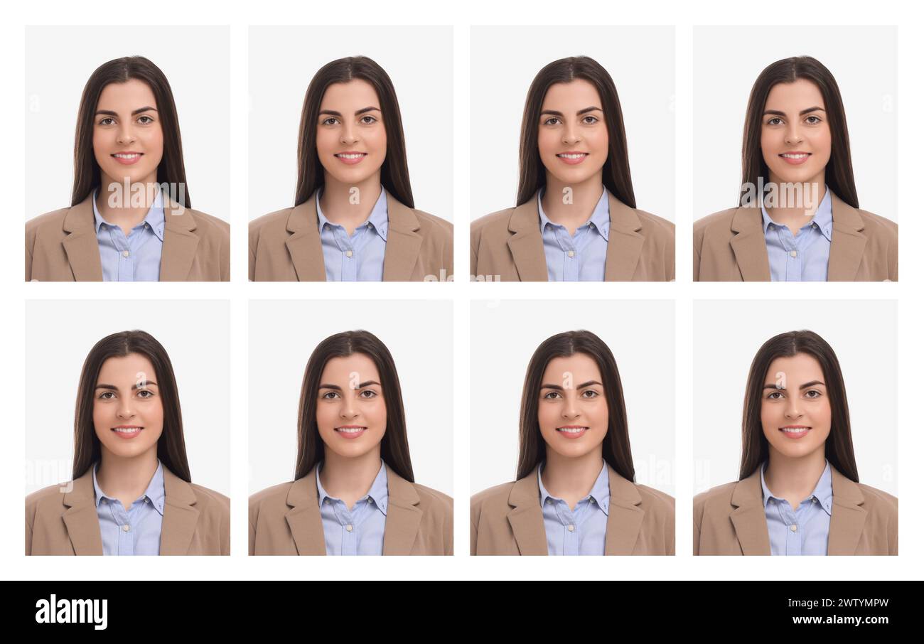 Passport photo, collage. Woman on white background, set of photos Stock ...