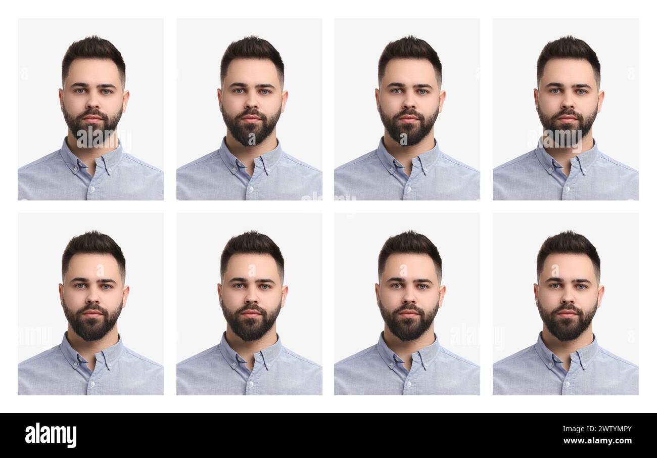Passport photo, collage. Man on white background, set of photos Stock ...