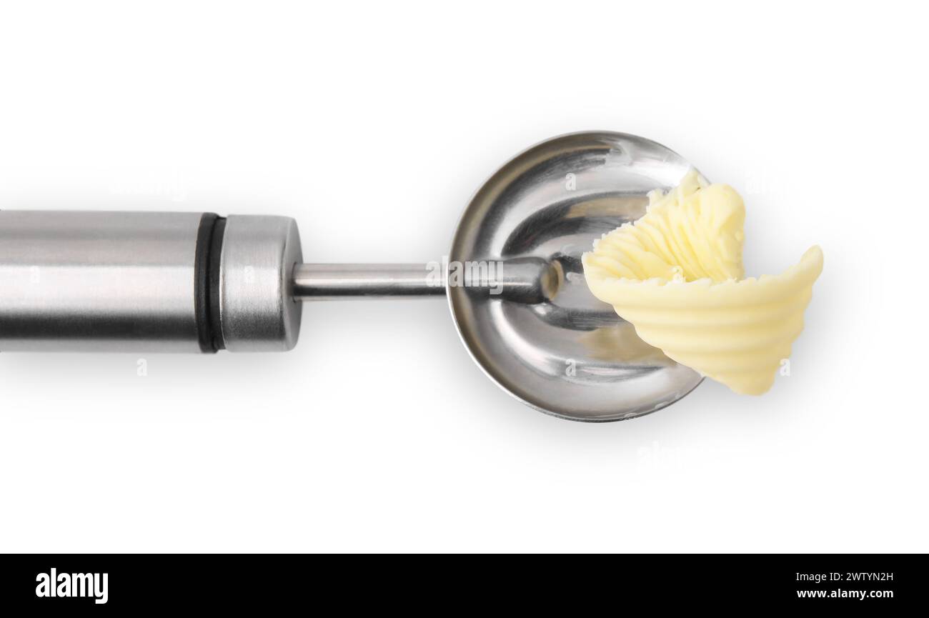 Butter curl in spoon isolated on white, top view Stock Photo - Alamy