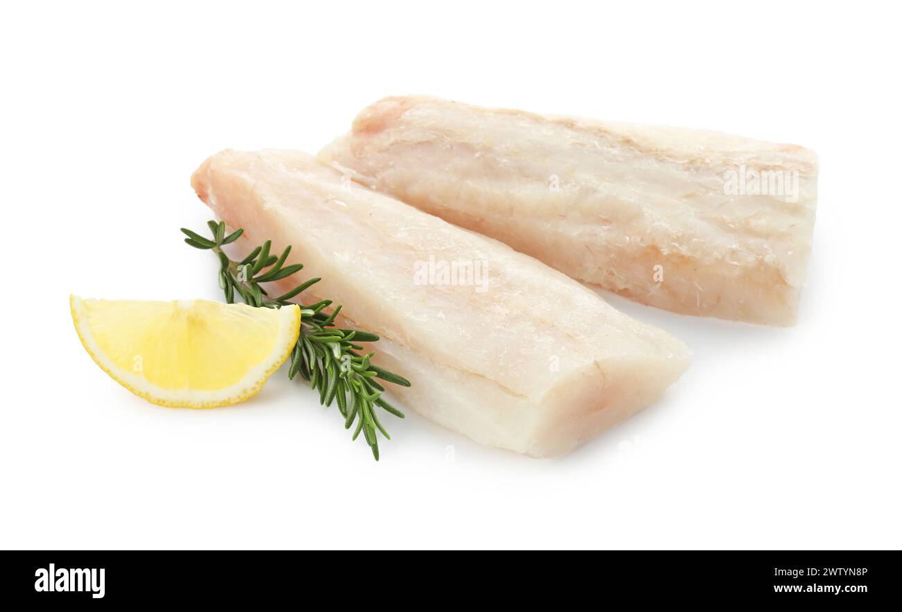 Fresh raw cod fillets with rosemary and lemon isolated on white Stock ...