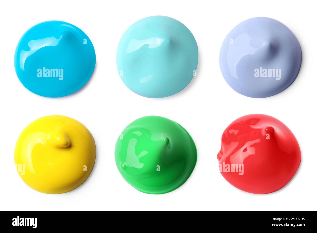 Paint blobs of different colors on white background, top view Stock ...