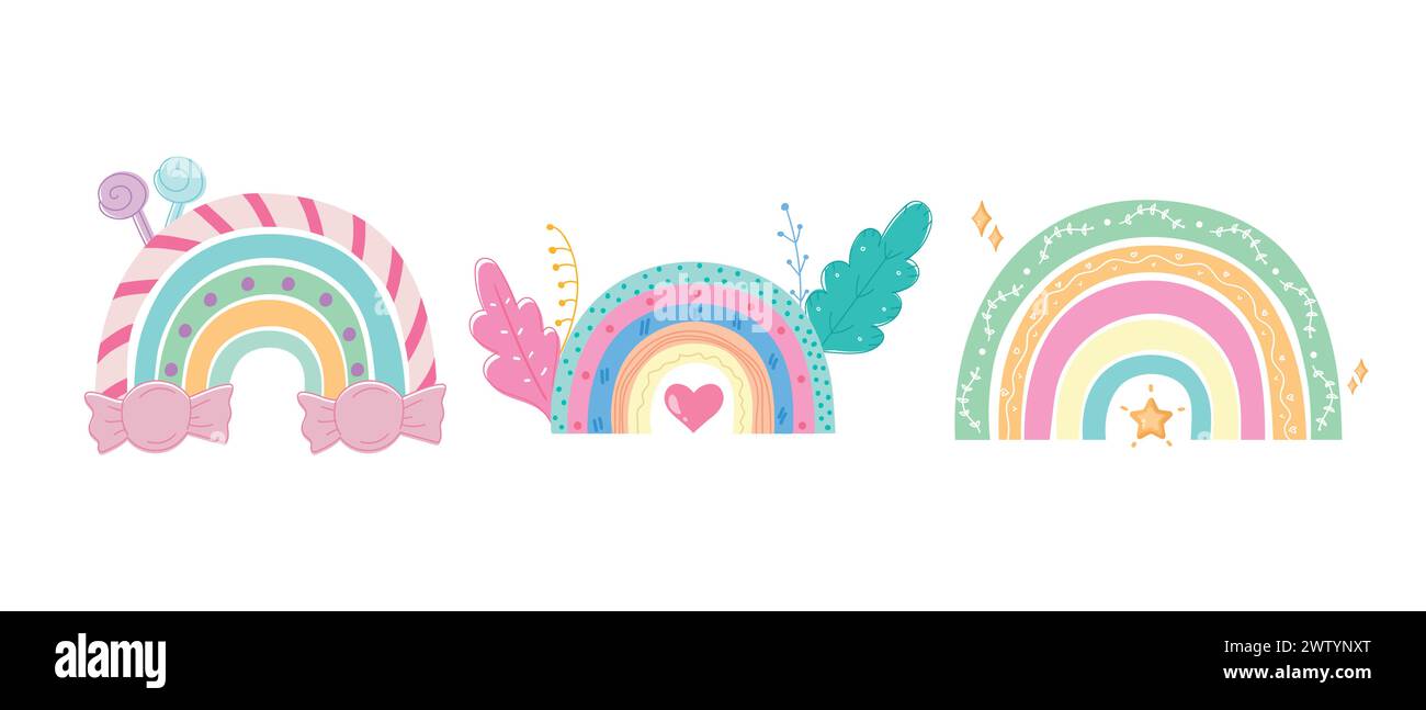 Hand drawn trendy rainbows with decorations. Scandinavian rainbow set ...