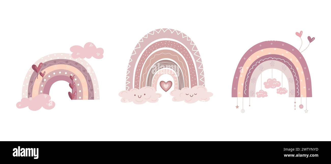 Hand drawn trendy rainbows with decorations. Scandinavian rainbow set ...