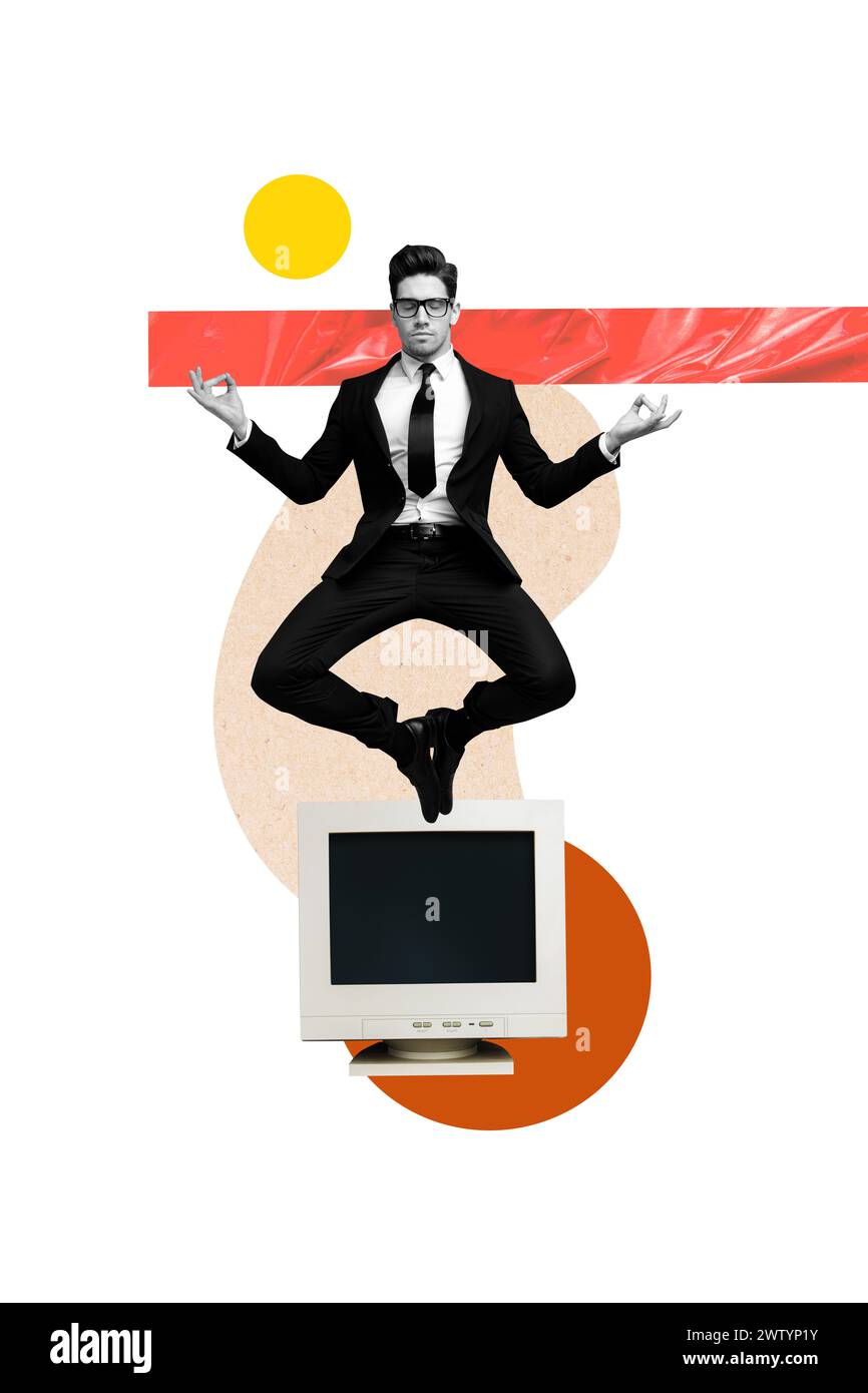 Vertical creative collage poster levitating young businessman pc device ...
