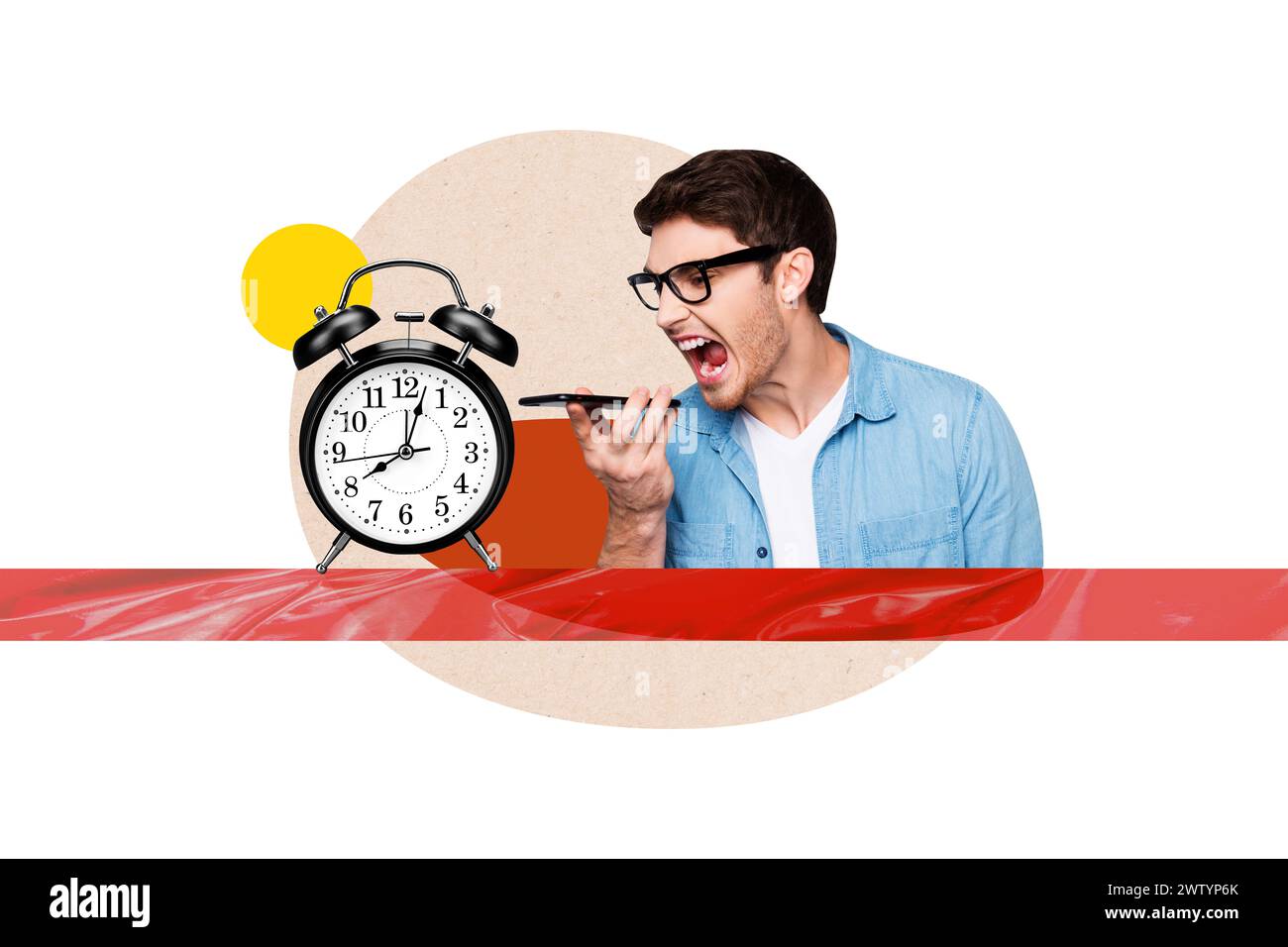 Creative collage photo young man screaming smartphone call alarm clock ...