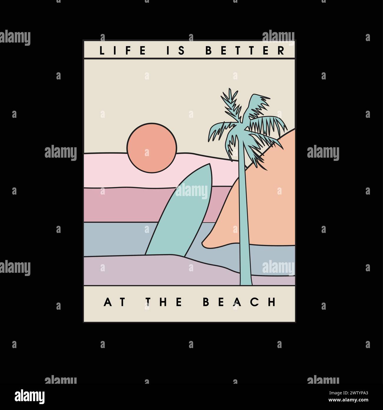 Summer Graphic Retro Hand drawn palm beach scene t shirt print design ...