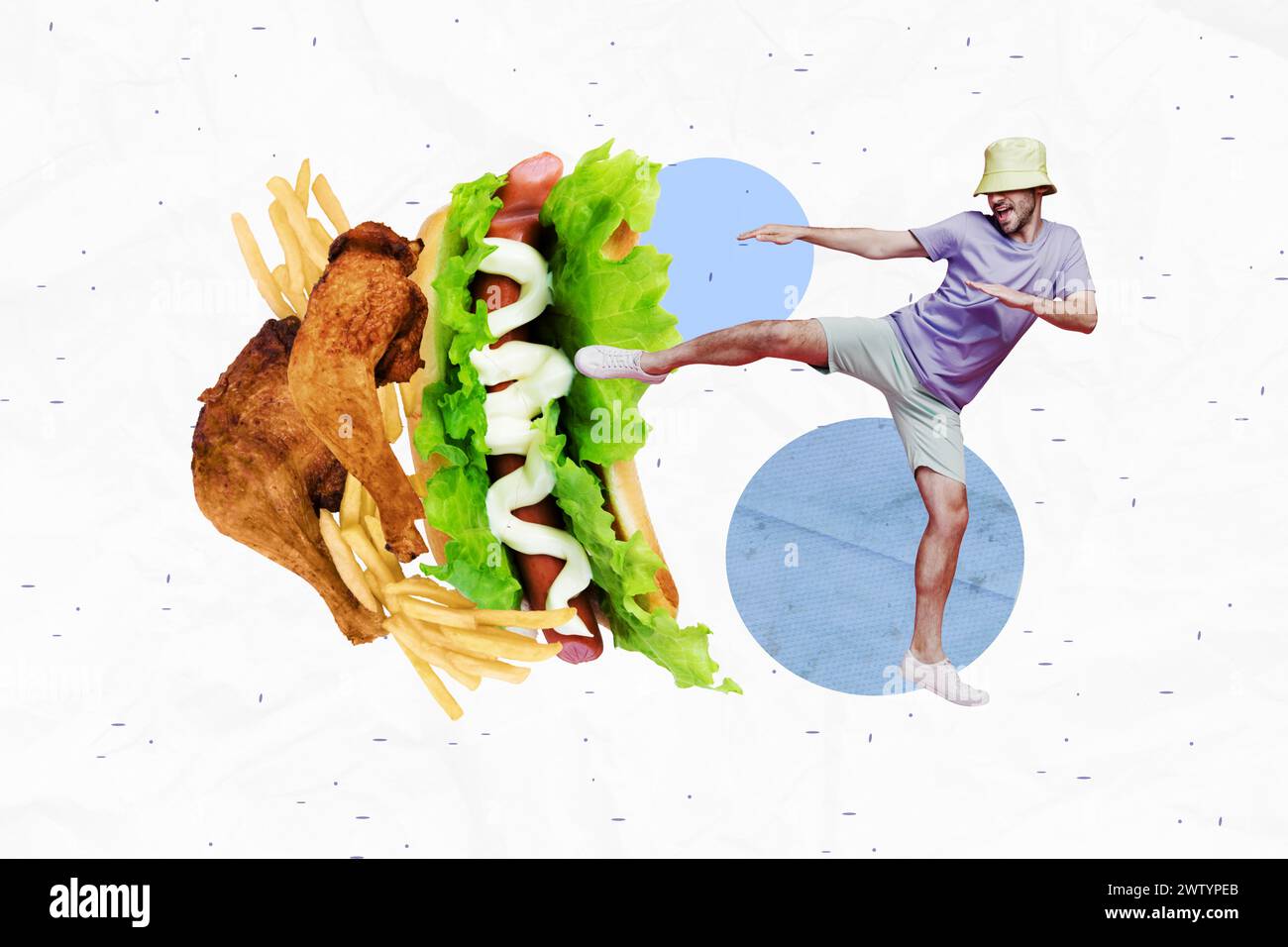 Composite photo collage of young man panama karate judo kick junk food ...