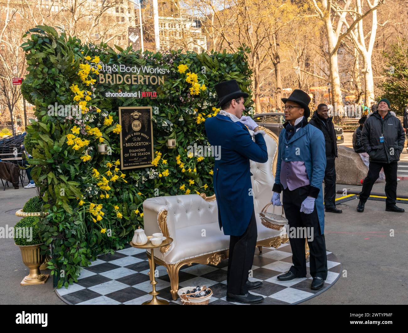Brand ambassadors dressed in Bridgerton inspired costumes in Flatiron ...