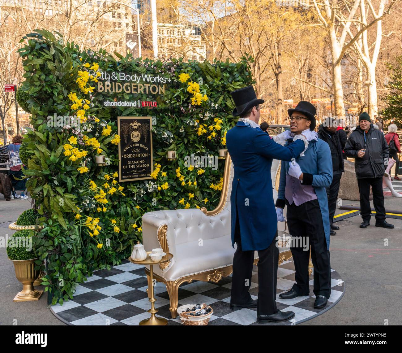Brand ambassadors dressed in Bridgerton inspired costumes in Flatiron ...