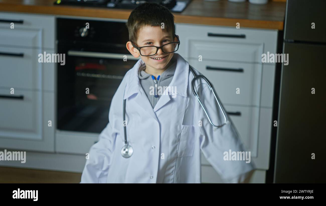 Funny little boy wear oversized white medical coat,glasses and ...