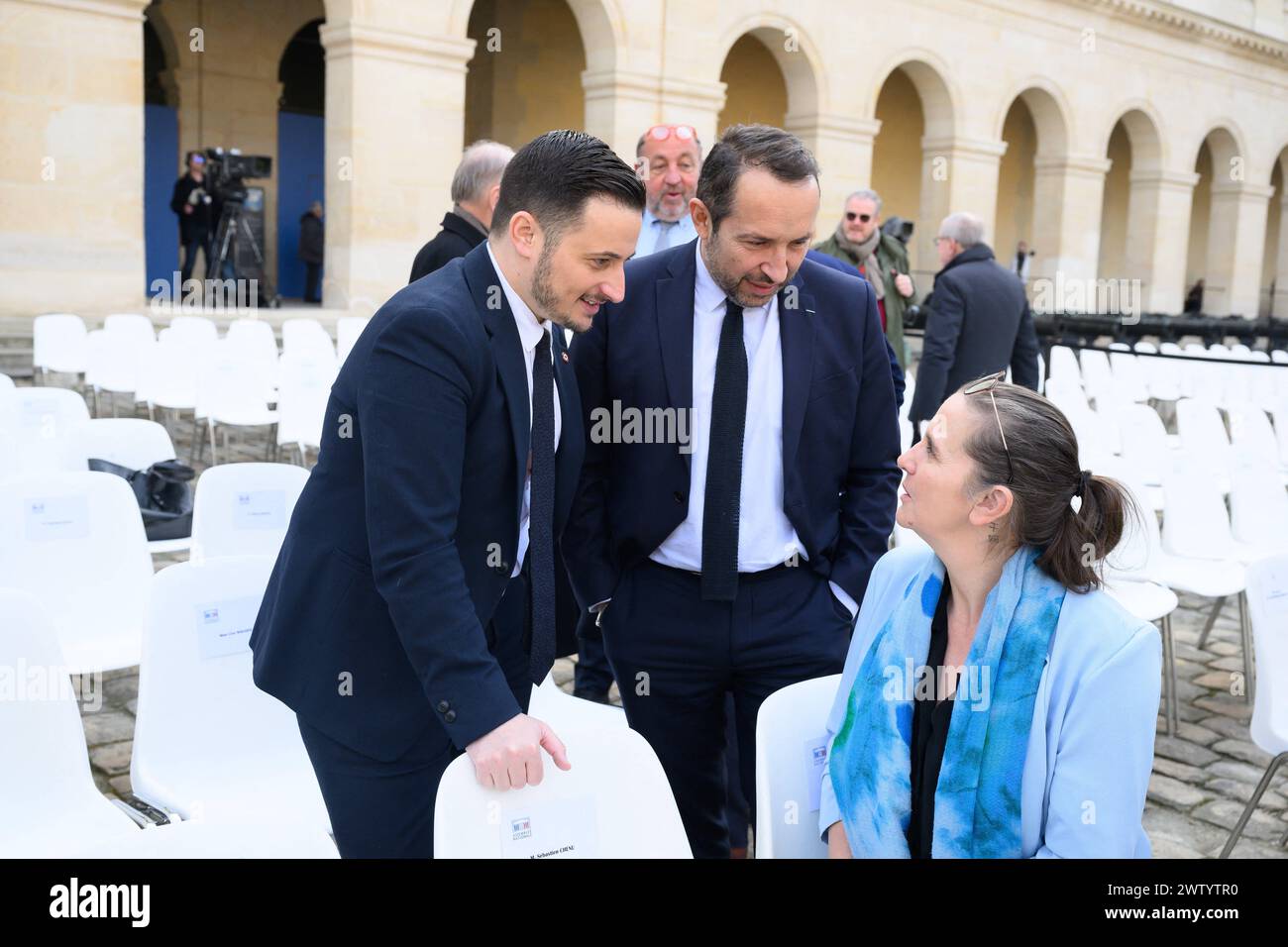 A guest, Sebastien Chenu and Caroline Fiat during a "national tribute ...