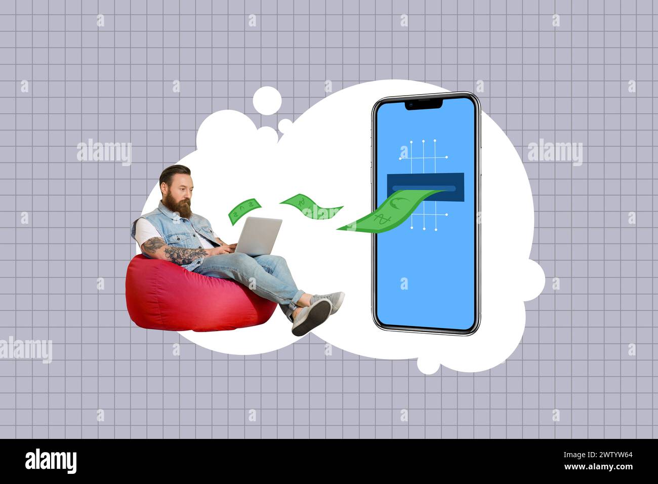 Creative collage surreal picture sitting young man laptop remote worker ...