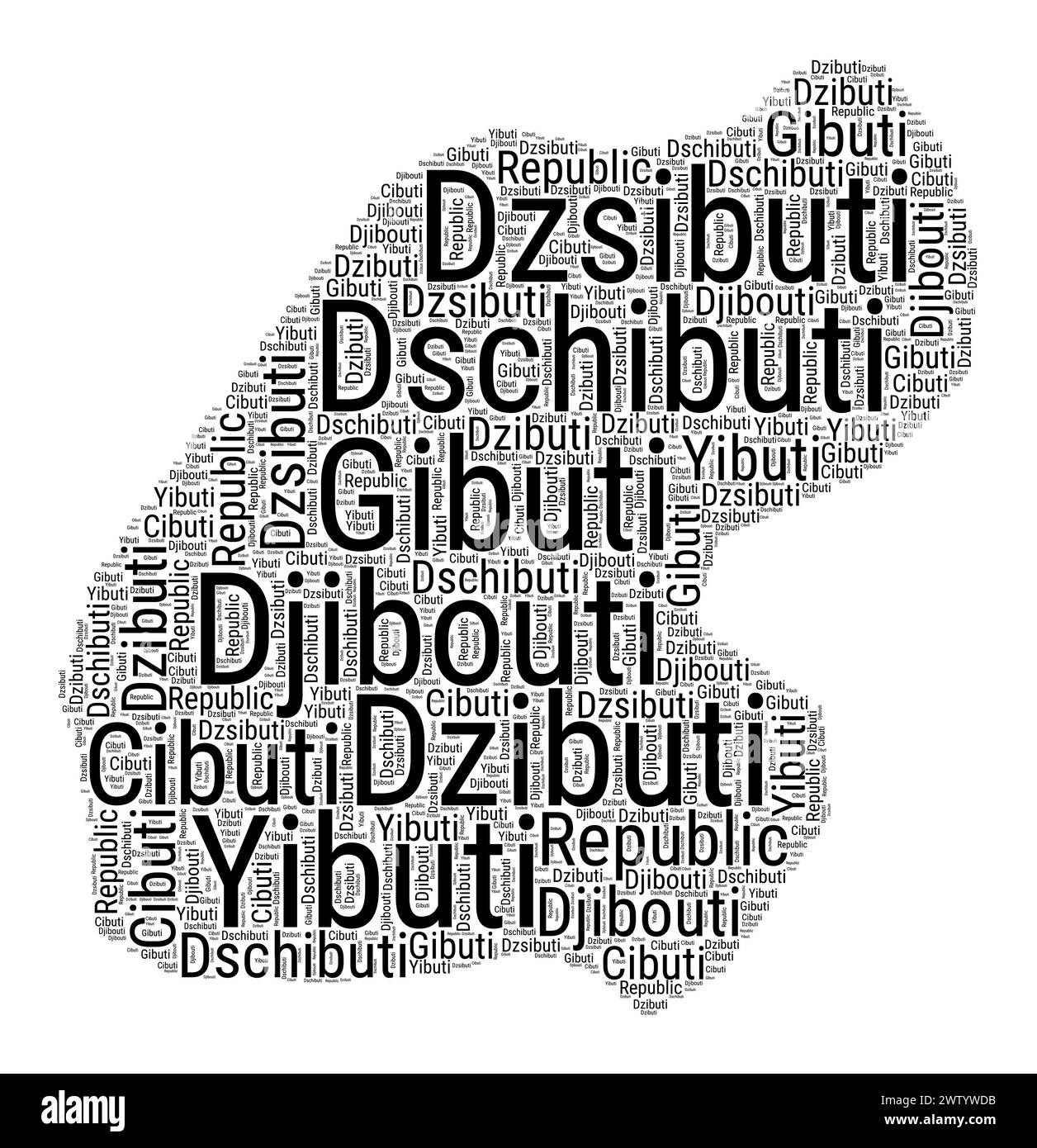 Black and white word cloud in Djibouti shape. Simple typography style ...