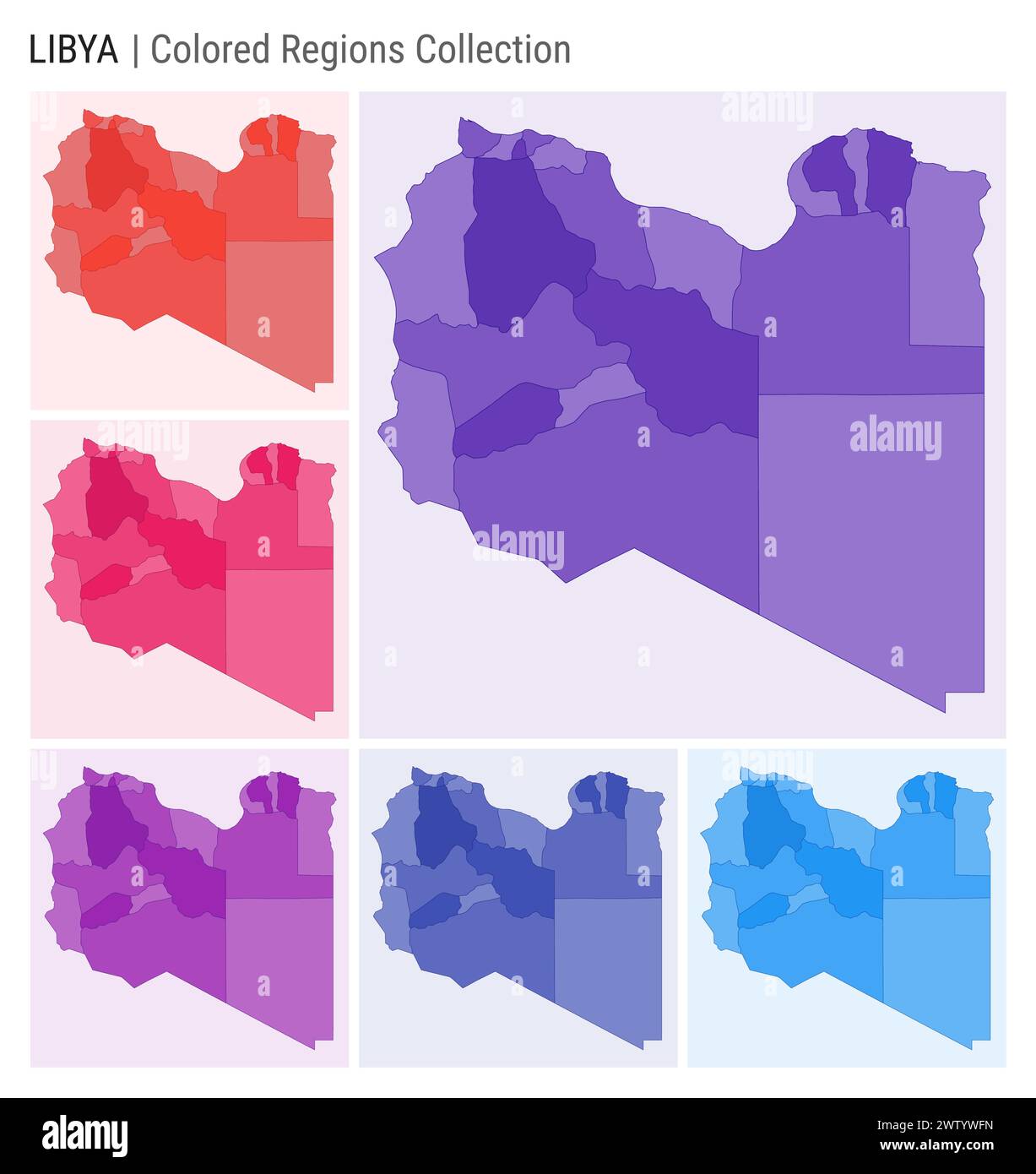 Libya map collection. Country shape with colored regions. Deep Purple, Red, Pink, Purple, Indigo ...
