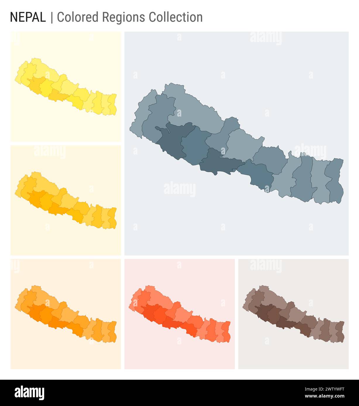 Nepal map collection. Country shape with colored regions. Blue Grey ...