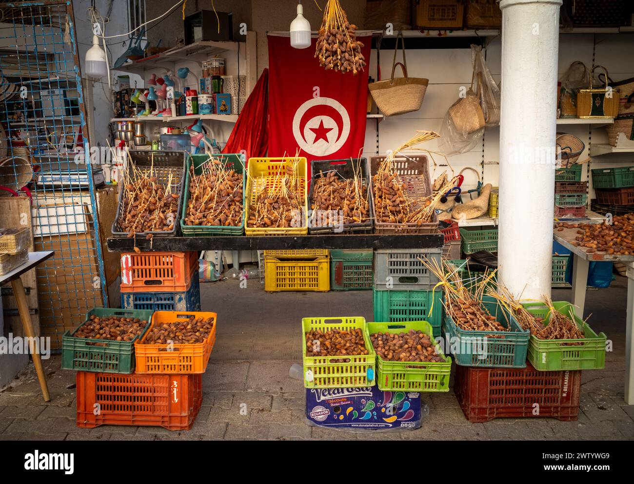 A shop with a Tunisian flag on display sells resh dates, Monastir ...