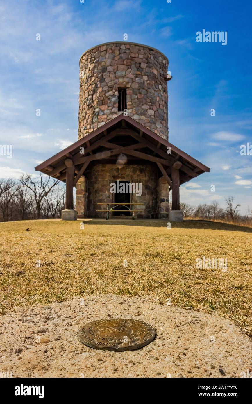 USGS Survery marker in front of stone observation tower built by the ...