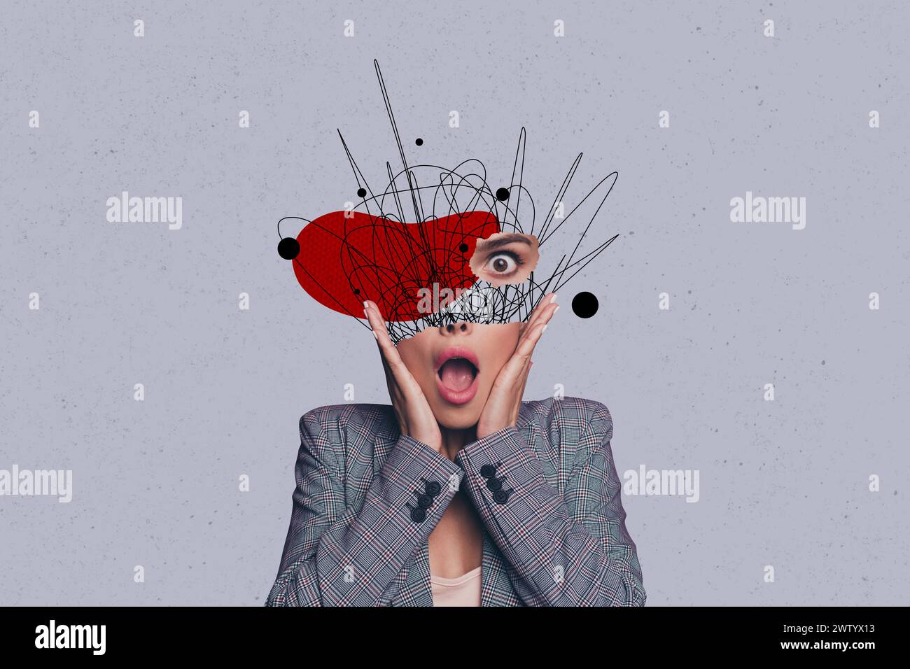 Creative collage picture stunned shocked young woman face fragments eye ...