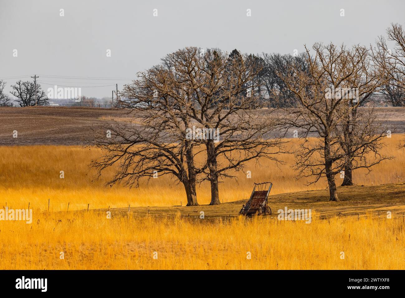 Prairie and trees with old hay loader on private land viewed from Pilot ...