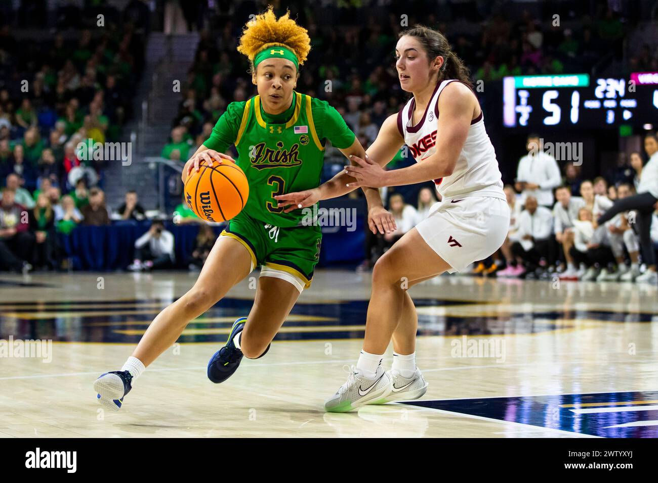 FILE - Notre Dame guard Hannah Hidalgo (3) drives against Virginia Tech guard Georgia Amoore (5 ...