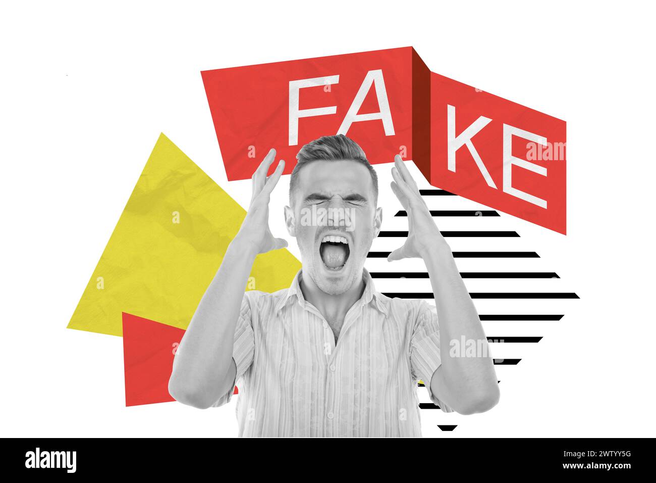 Composite photo collage of young angry man scream headache fake ...