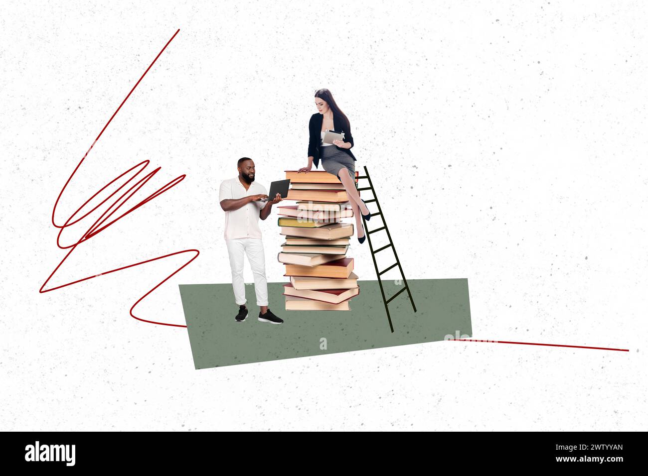 Creative photo collage young sitting woman secretary tablet top book ...