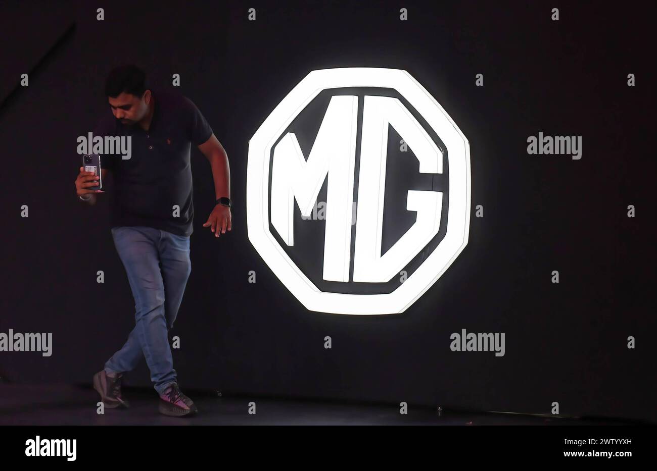 Mumbai, India. 20th Mar, 2024. Logo of MG motor is displayed at the ...