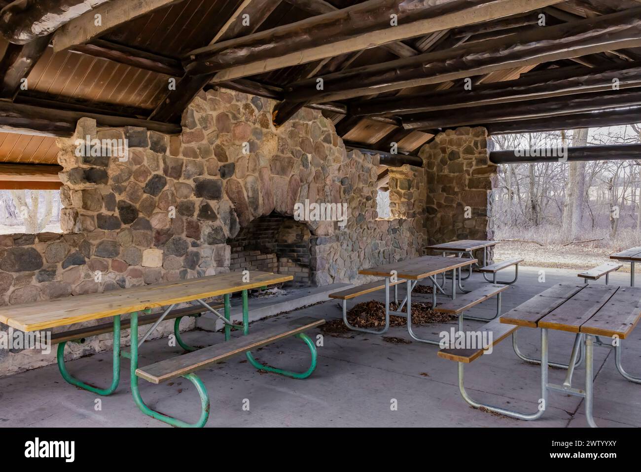 Rustic picnic shelter build in the 1930s by the CCC in Pilot Knob State ...