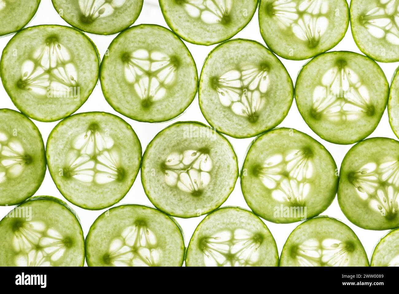 Background from sliced cucumber isolated on white background. Top view ...