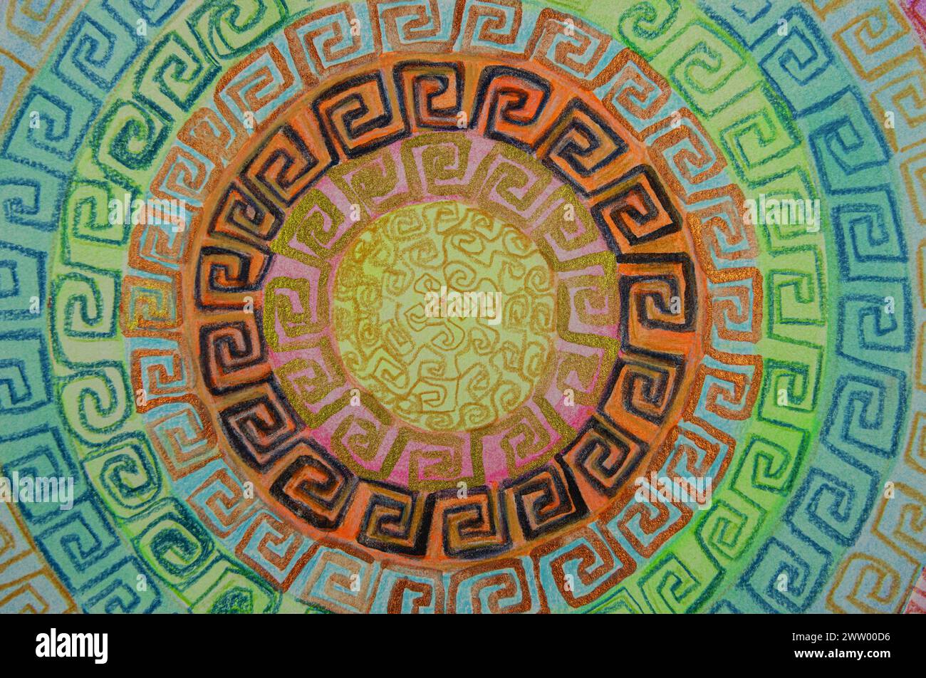 Geometric square ancient greek pattern in circle. The dabbing technique ...