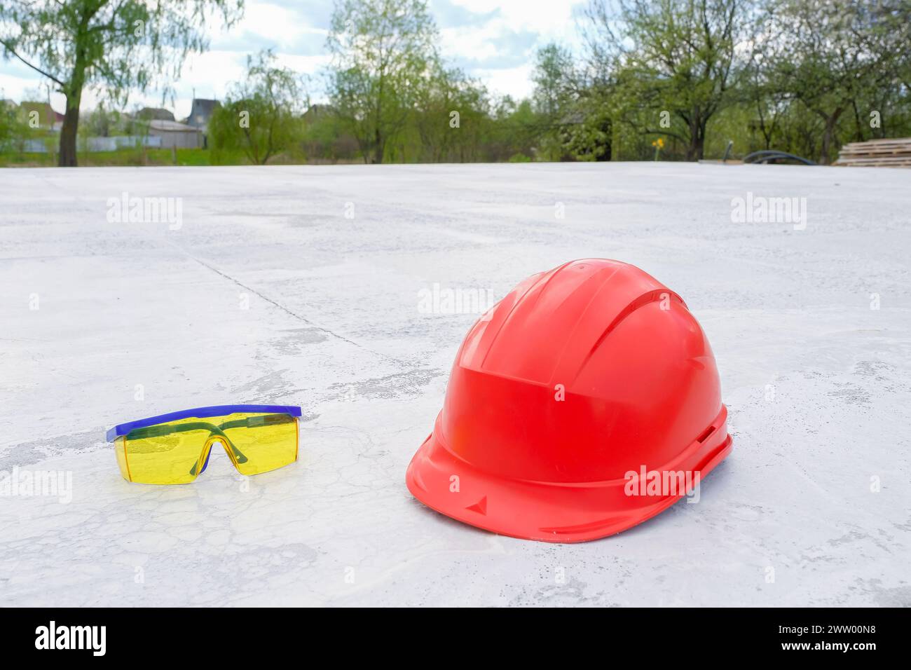 Construction helmet and construction safety goggles at the construction ...